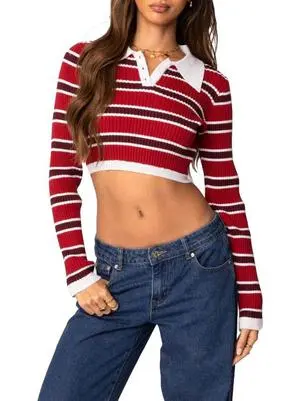EDIKTED Stripey Collar Ribbed Crop Top - Red