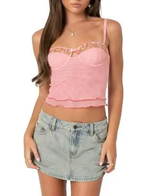 EDIKTED Embroidered Floral Cutout Lace Crop Top - Pink