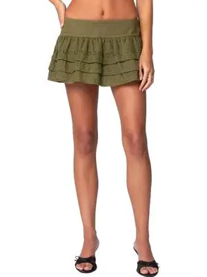 EDIKTED Fleur Linen Blend Eyelet Ruffle Miniskirt - Olive