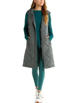 Zella Long Hooded Puffer Vest - Green Urban