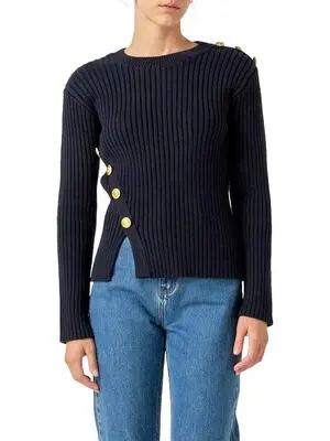 English Factory Button Detail Ribbed Sweater - Navy