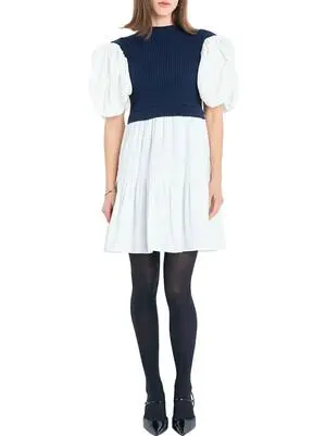 English Factory Puff Sleeve Mixed Media Sweater Dress - Navy