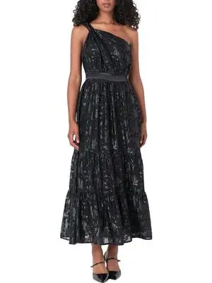 Endless Rose Metallic Floral One-shoulder Chiffon Dress - Black