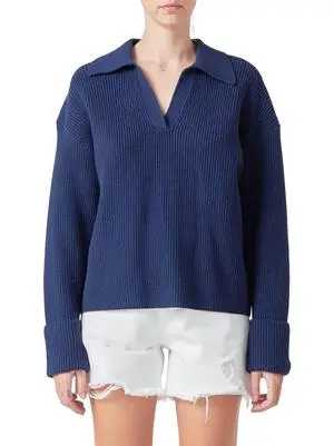 GREY LAB Rib Polo Sweater - Navy