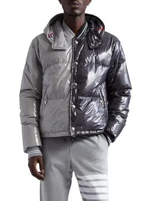 Thom Browne Colorblock Down Puffer Jacket With Removable Hood - Light Grey