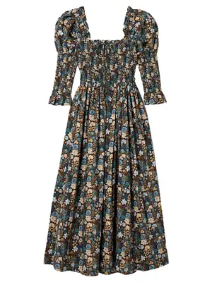 DÔEN DÔEN Bijou Shirred Floral-print Organic Cotton-voile Midi Dress Multi