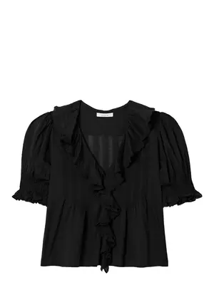 DÔEN Henri Ruffled Pintucked Organic Cotton-voile Top - Black