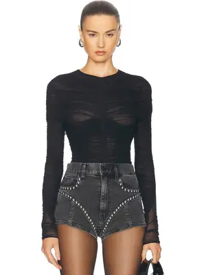 MUGLER Mesh Long Sleeve Bodysuit - Black