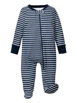 PETITE PLUME Stripe Pima Cotton Zip Footie - Navy