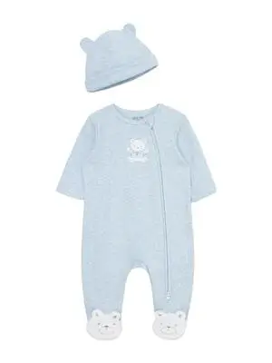 LITTLE ME Bear Cotton Footie And Beanie Set - Blue