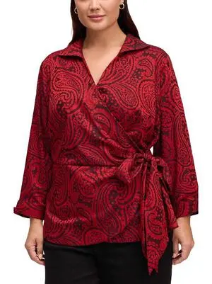 Foxcroft Salina Paisley Print Cotton Blend Wrap Shirt - Black/ Red