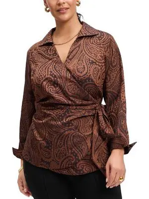 Foxcroft Foxcroft Salina Paisley Print Cotton Blend Wrap Shirt Macchiato/black