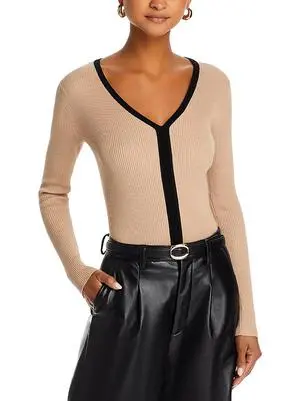 T Tahari V-Neck Ribbed Sweater Toasted Almond/black