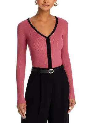 T Tahari V-Neck Ribbed Sweater Velvet Rose