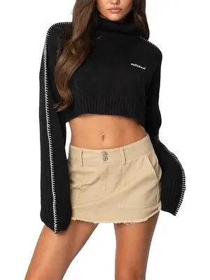 EDIKTED Embroidered Cropped Turtleneck Sweater - Black
