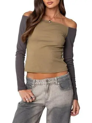 EDIKTED Contrast Off-the-shoulder Crop Top - Olive