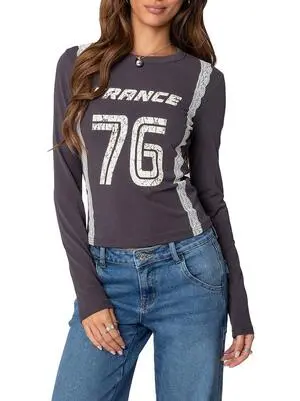 EDIKTED Frenchy Long Sleeve Graphic T-shirt - Dark-gray