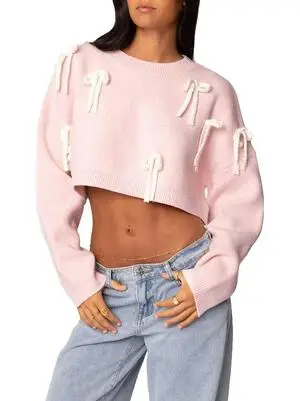 EDIKTED Bow Knit Crop Sweater - Pink