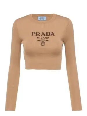 Prada Silk Cropped Logo Sweater - Brown