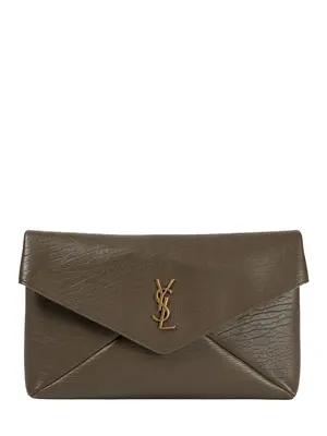 Saint Laurent Cassandre Large Leather Clutch Brown