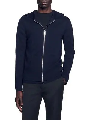 Sandro Zipped Hooded Cardigan - Navy Blue