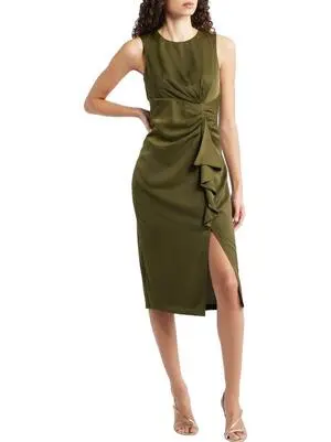 Vince Camuto Ruffle Detail Sleeveless Satin Sheath Midi Dress - Olv