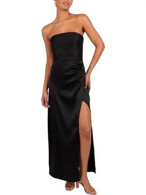 PETAL & PUP Kara Strapless Stretch Satin Gown - Black