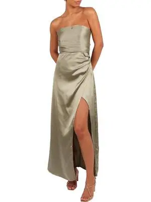 PETAL & PUP Kara Strapless Stretch Satin Gown - Olive
