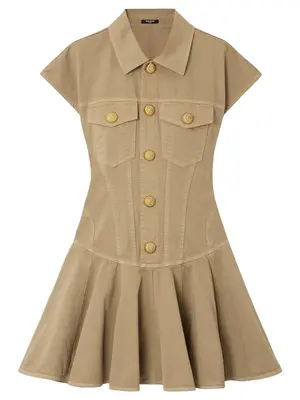 Balmain Balmain Pleated Cotton-Twill Mini Dress Beige