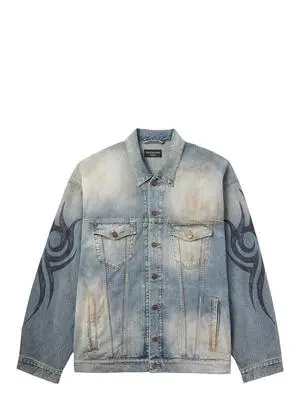 Balenciaga Oversized Distressed Printed Denim Jacket - Blue