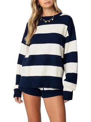 EDIKTED Oversized Knit Sweater - Navy And Cream