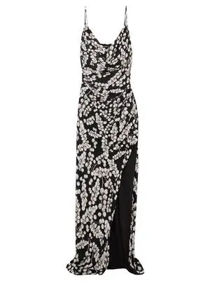 Balmain Draped Printed Crepe Maxi Dress - Black