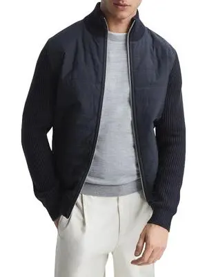 REISS Trainer Quilted & Ribbed Hybrid Jacket - Navy