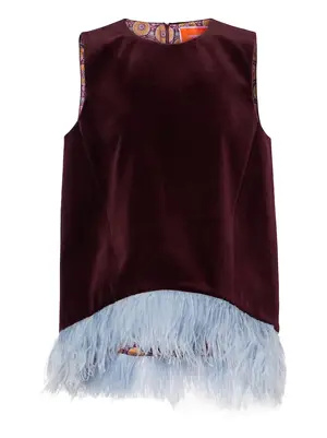 La DoubleJ Feather-trimmed Velvet Top - Purple