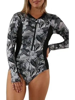 UV SKINZ Long Sleeve Half Zip Swimsuit - Woodblock Tropics
