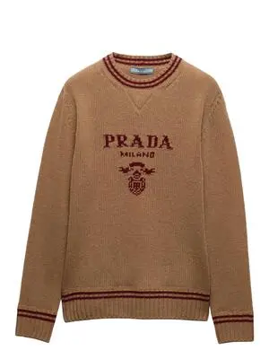 Prada Wool And Cashmere Crew-neck Sweater With Intarsia Logo - Brown
