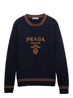 Prada Wool And Cashmere Crew-neck Sweater With Intarsia Logo - Blue