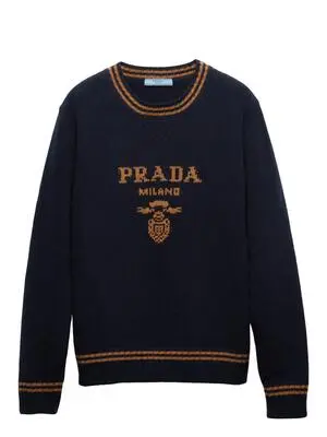 Prada Prada Wool And Cashmere Crew-Neck Sweater With Intarsia Logo Blue/tobacco