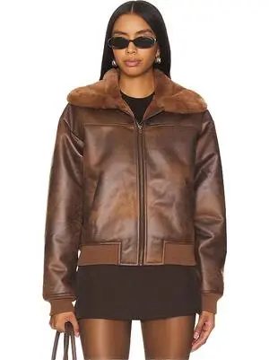 Tularosa Faux Leather Bomber Jacket With Faux Fur Collar - Brown