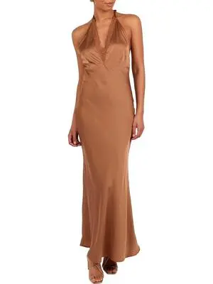 PETAL & PUP Kalina Lace Trim Halter Satin Maxi Dress - Bronze