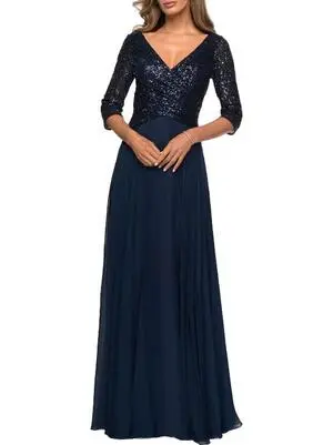 La Femme Long Chiffon Evening Gown With Sequined Bodice - Navy
