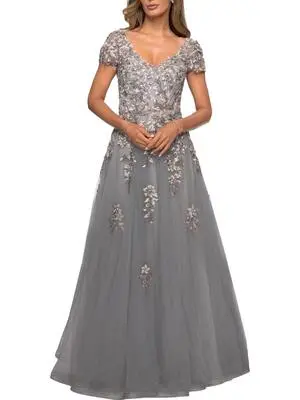 La Femme Short Sleeve A-line Gown With Beaded Lace Appliques - Gray