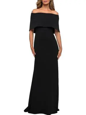 La Femme Off-the-shoulder Jersey Gown - Black