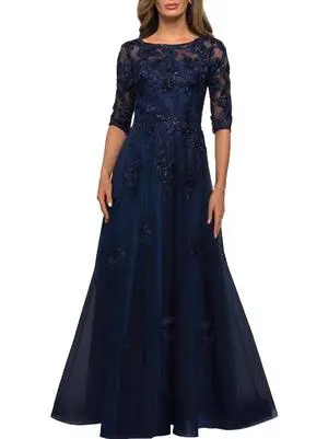 La Femme A-line Gown With Floral Embellishments - Navy