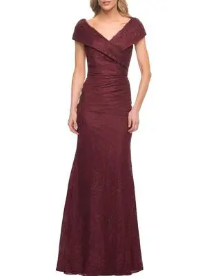 LABOMME Lace Off The Shoulder Evening Gown - Burgundy