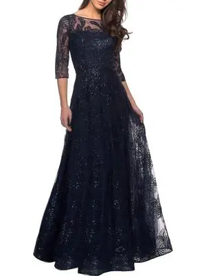 La Femme A-line Lace Sequin Gown - Navy