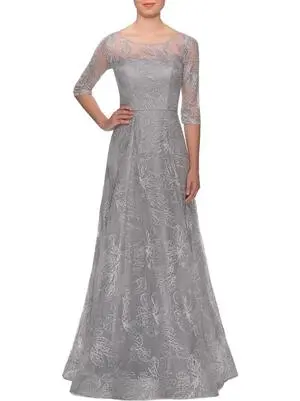 La Femme A-line Lace Sequin Gown - Silver