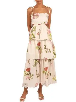 PETAL & PUP Adelaide Scallop Cutout Tie Strap Maxi Dress - Native Flora