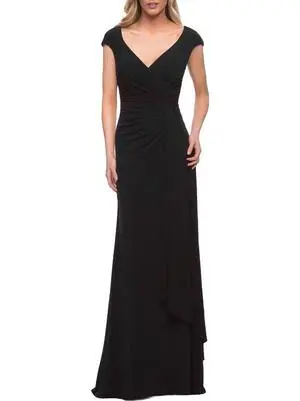 La Femme Jersey Dress With Knot At Waist And Short Sleeves - Black