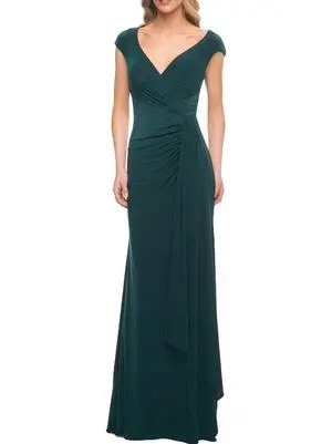 La Femme Jersey Dress With Knot At Waist And Short Sleeves - Emerald